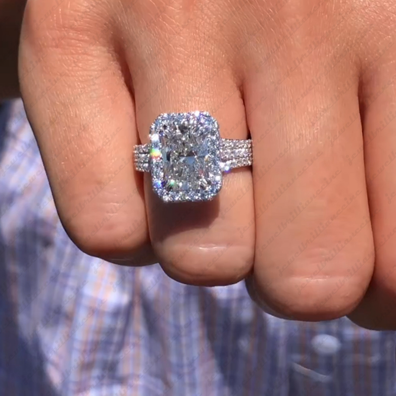 Gorgeous Halo Radiant Cut Split Shank Engagement Ring In Sterling Silv ...