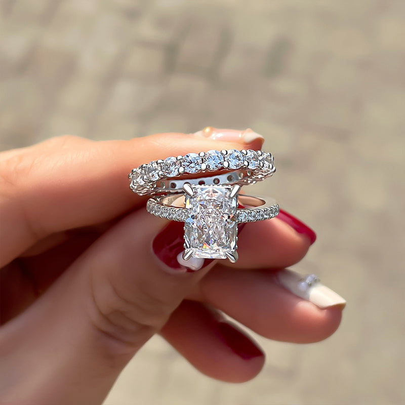 Solitaire Radiant Cut Bridal Set Rings with Round Cut Band In Sterling ...